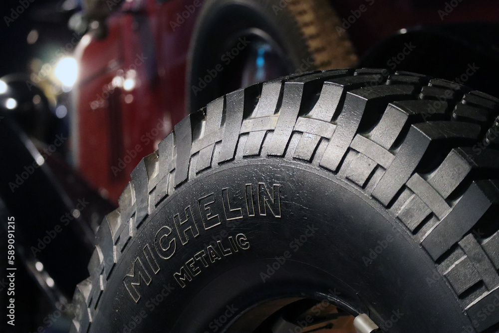 Michelin vintage tires on display at their museum in Clermont-Ferrand ...
