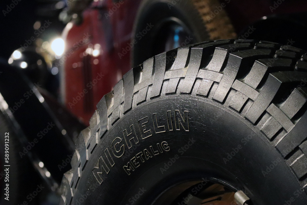 Michelin vintage tires on display at their museum in Clermont-Ferrand ...