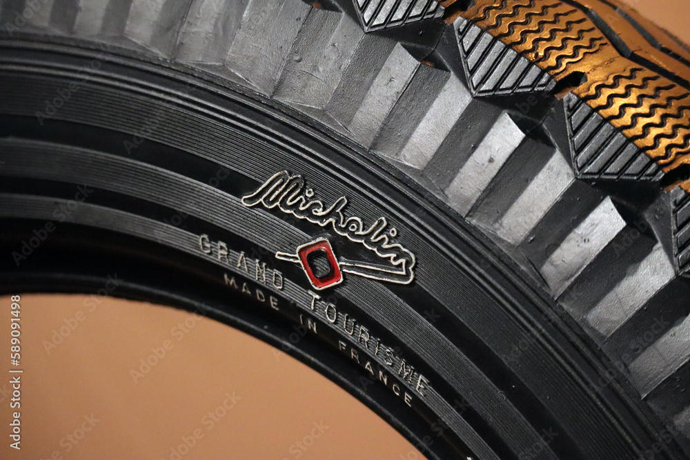 Michelin vintage tires on display at their museum in Clermont-Ferrand ...