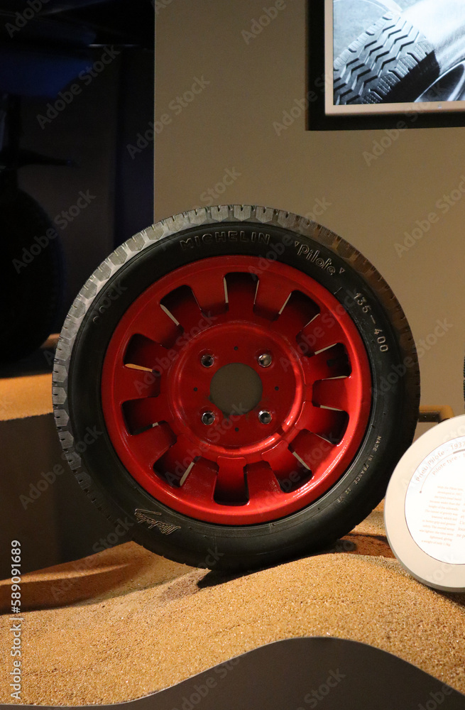 Michelin vintage tires on display at their museum in Clermont-Ferrand ...