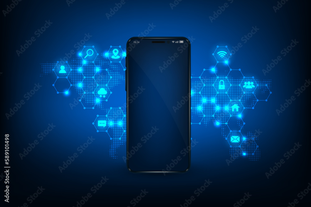 Vector world map and icon social media network with mobile phone ...