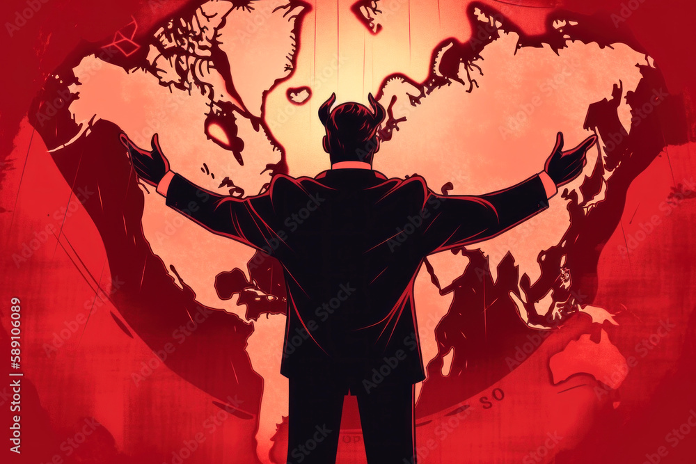 A devil stands with his hands spread out in front of a map of the world ...