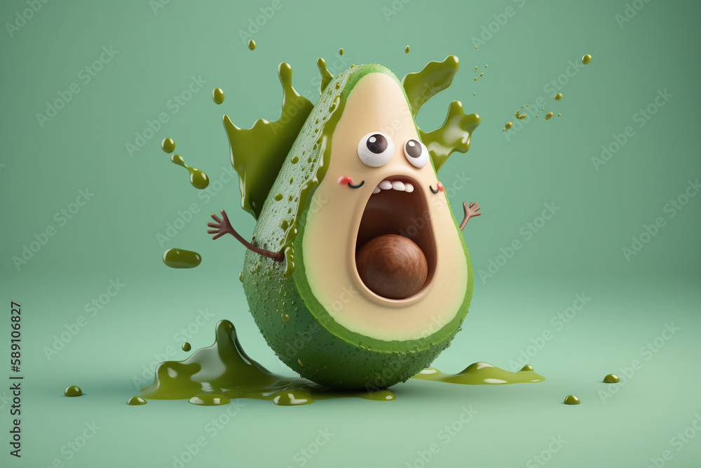 Cartoon scared, crazy avocado with oil splash on green background ...