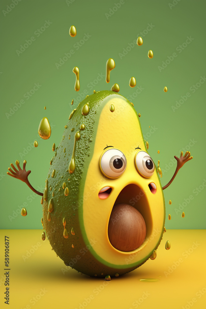 Cartoon scared, crazy avocado with oil splash on green background ...