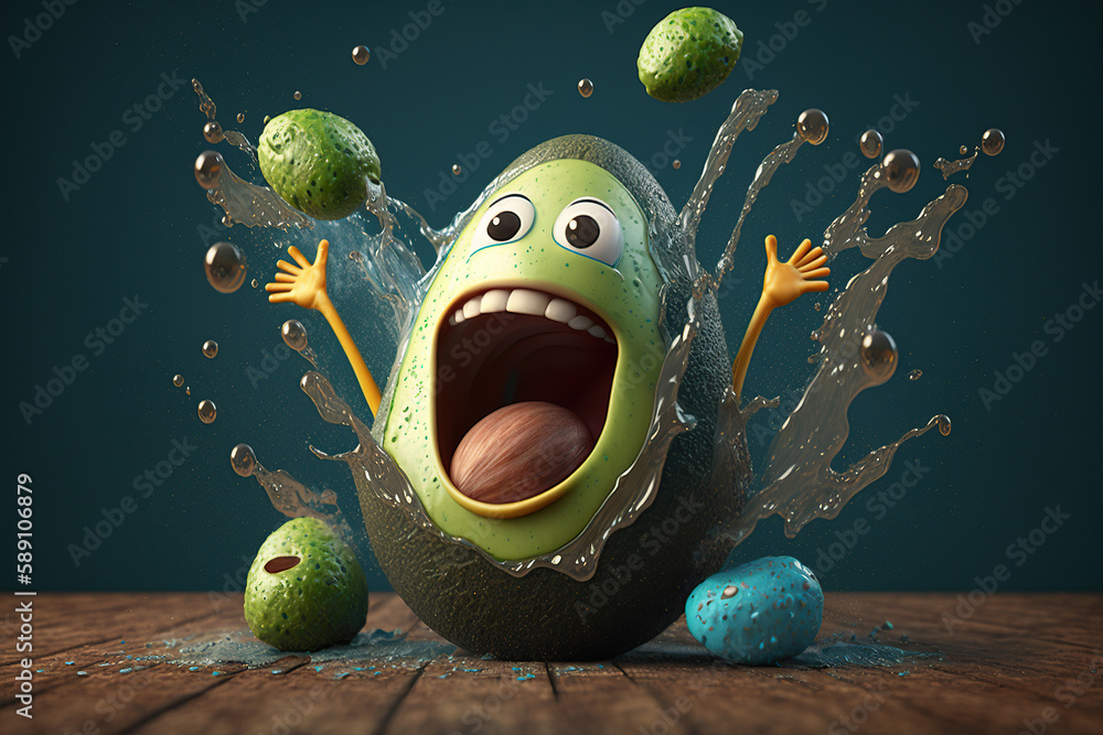 ภาพประกอบสต็อก Cartoon scared, crazy avocado with oil splash on green ...