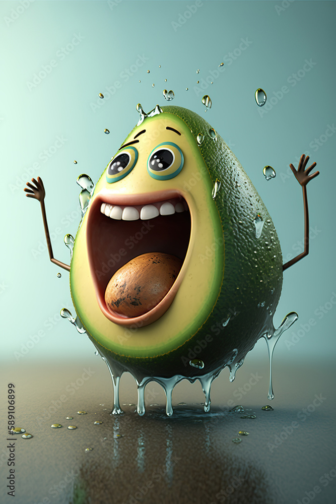 Cartoon smiling, crazy avocado with oil splash on green background ...