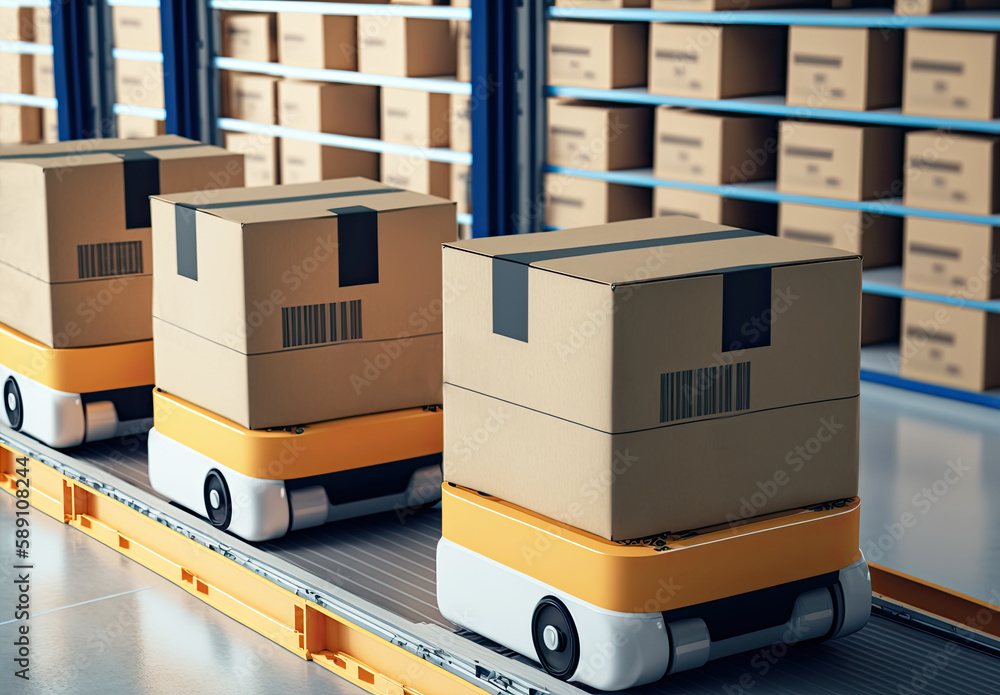 Mobile robot transporting a box in a warehouse. Automated retail ...