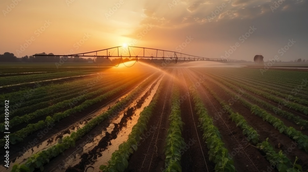 Irrigation system on agricultural soybean field, rain gun sprinkler ...