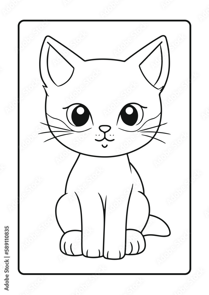 cute cat line art coloring page for kids, black outline on white ...