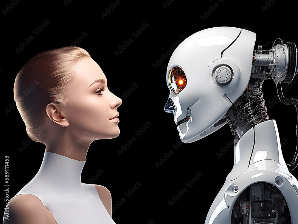 Beautiful woman and AI robot look at each other. Concept of human and ...
