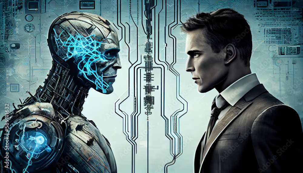 Man and AI robot look at each other. Concept of human and robot war in ...