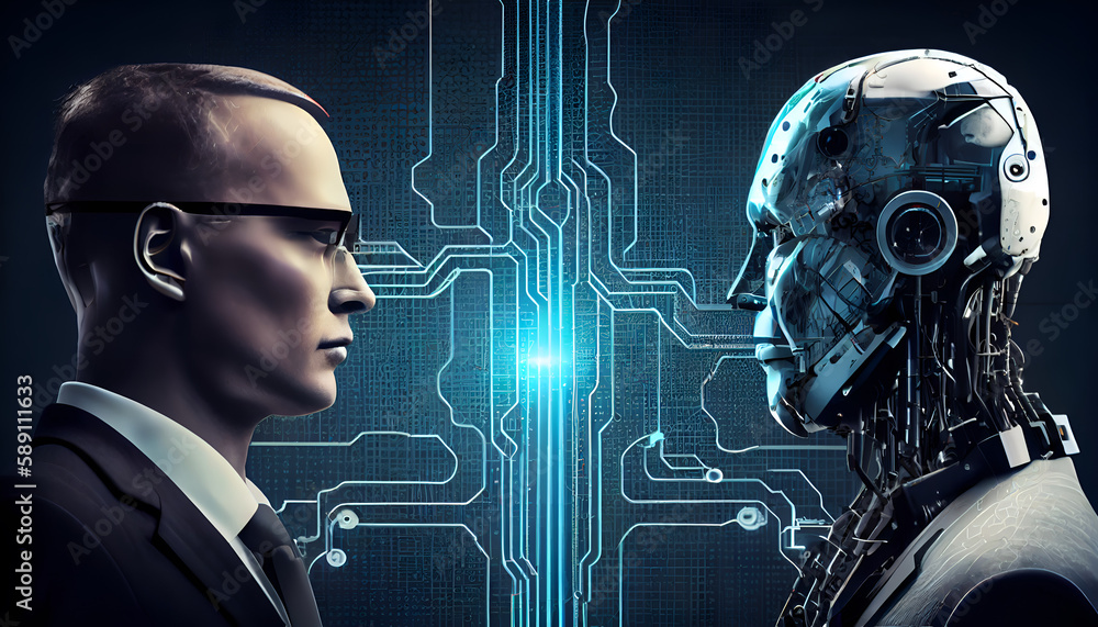 Man and AI robot look at each other. Concept of human and robot war in ...