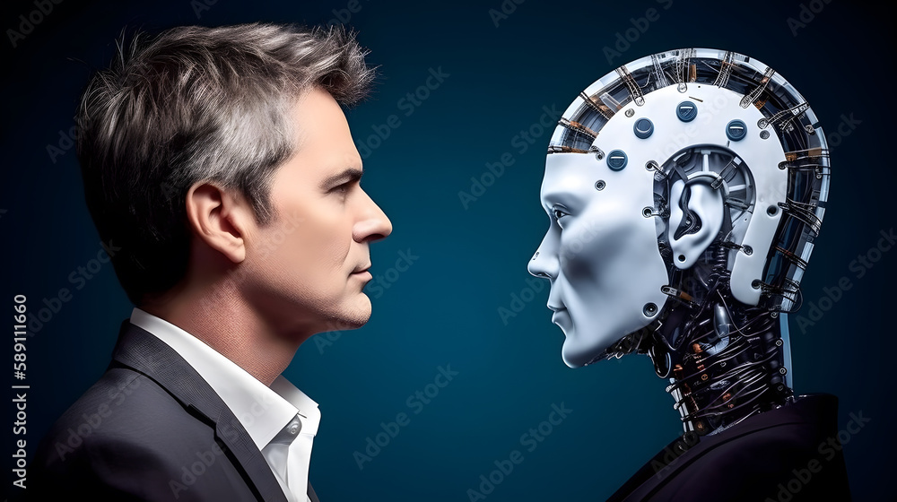 Man and AI robot look at each other. Concept of human and robot war in ...