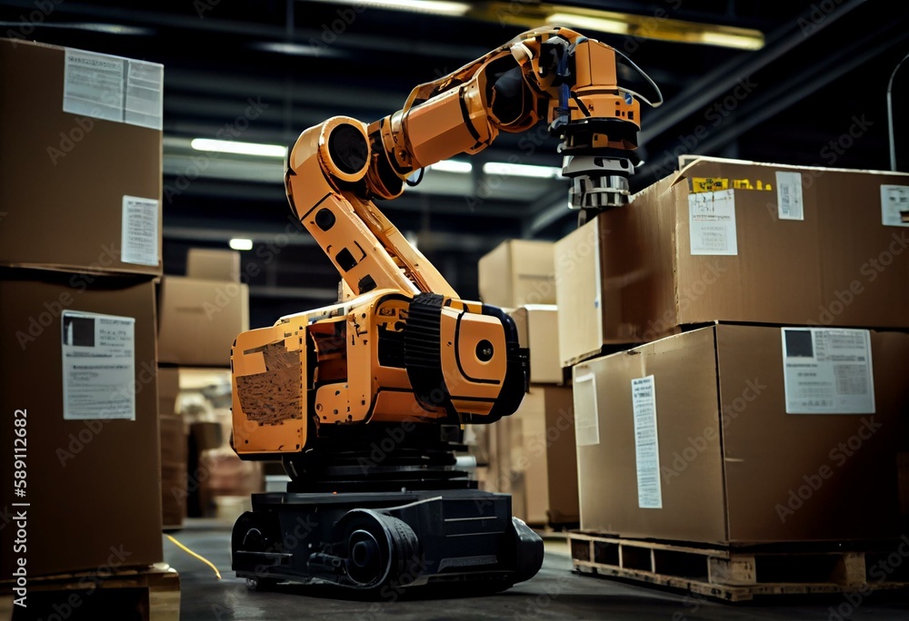 Robot loader works in the warehouse independently.Industrial machine ...