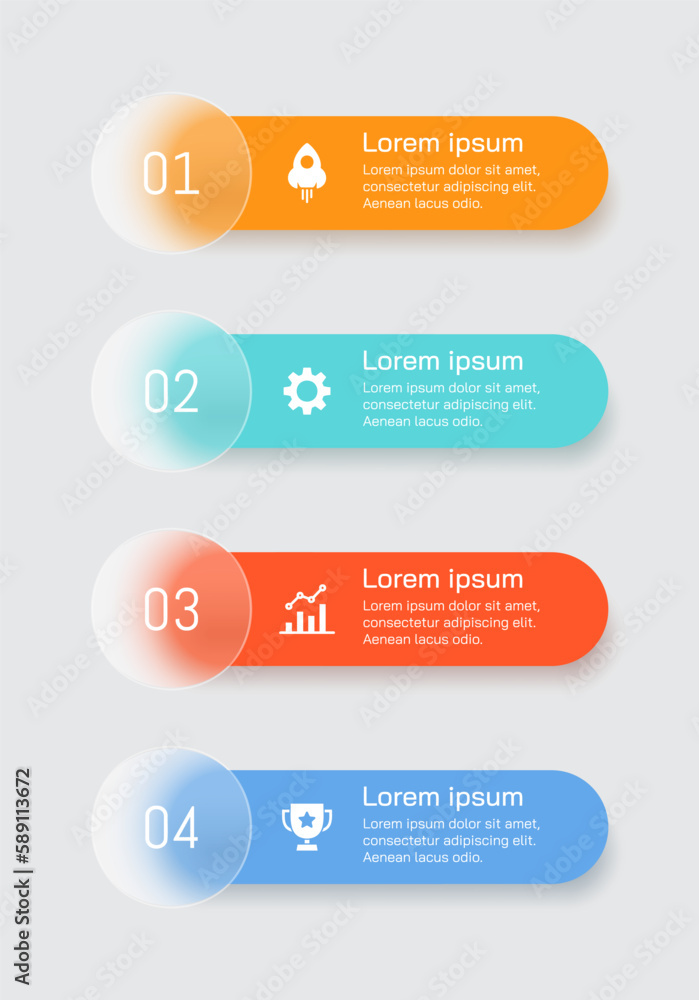 Infographic design with 4 steps. Business timeline chart template. Glass morphism effect. Stock ...