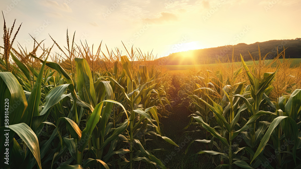 AI generated Corn field at sunset. Beautiful nature scene with green ...