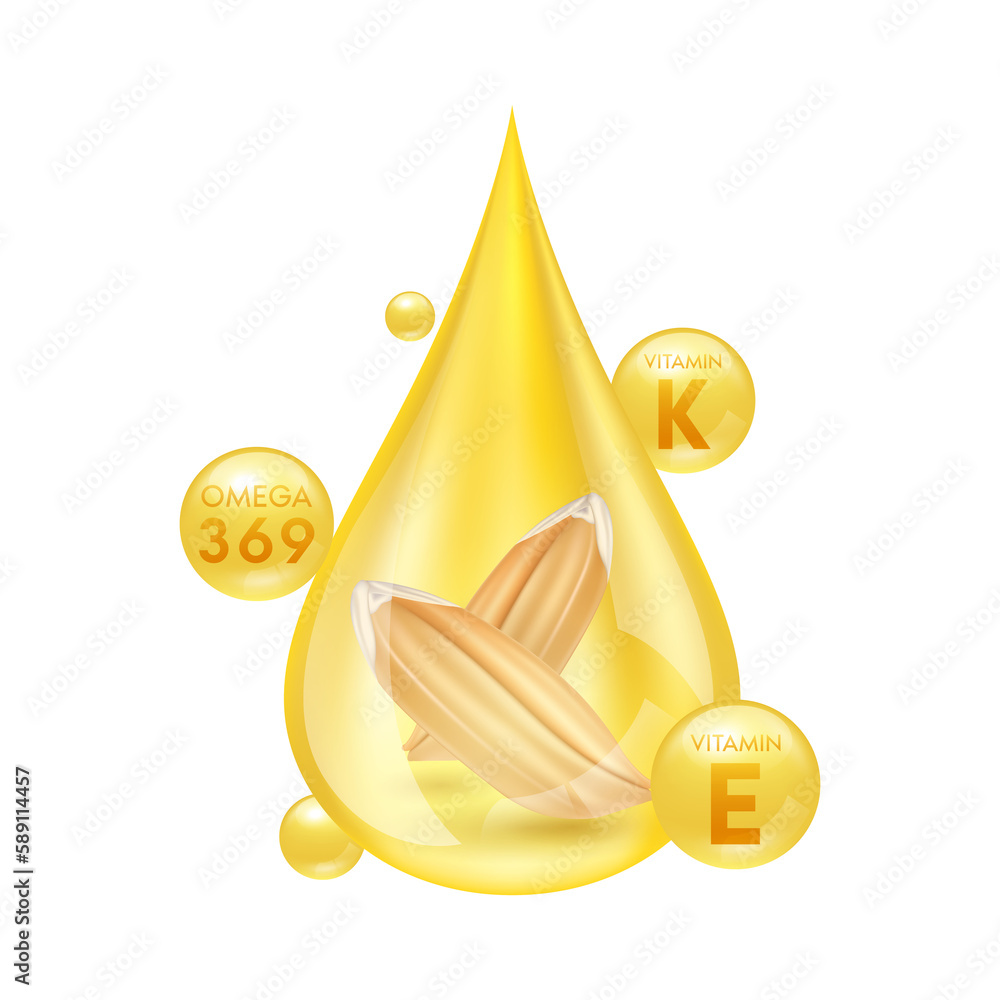 Paddy ear rice seed in oil dripping with Omega and Vitamins. Vegetarian ...