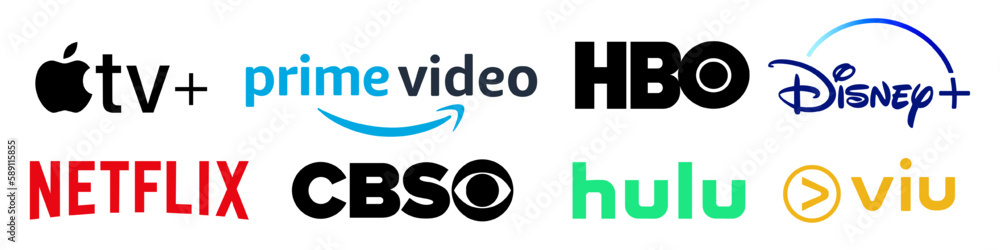 Set of popular TV streaming services logos. Netflix, HBO, Apple TV ...