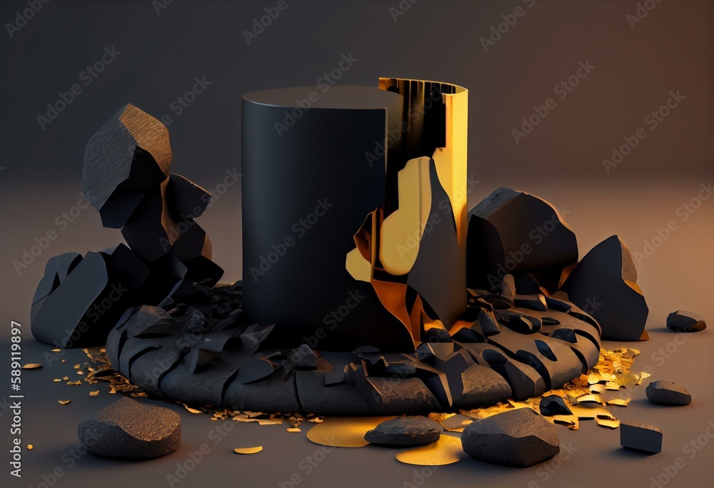 3d render, abstract background with black cobblestone ruins, broken ...