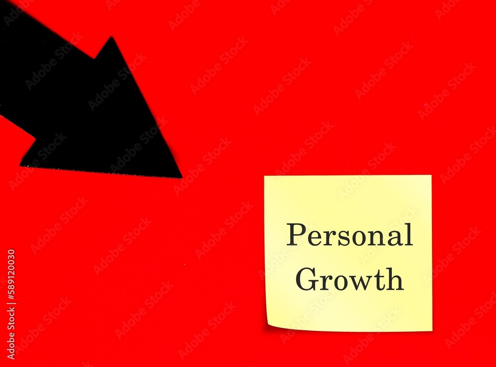 Black arrow on red background with sticky note PERSONAL GROWTH, process ...