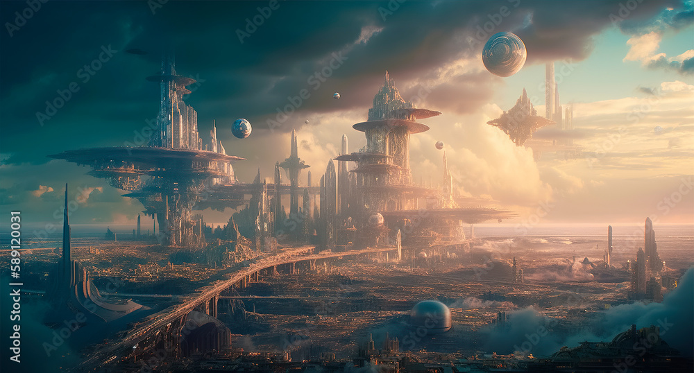 Sunset 3D City of the future. Alien cities, scifi, science fiction ...
