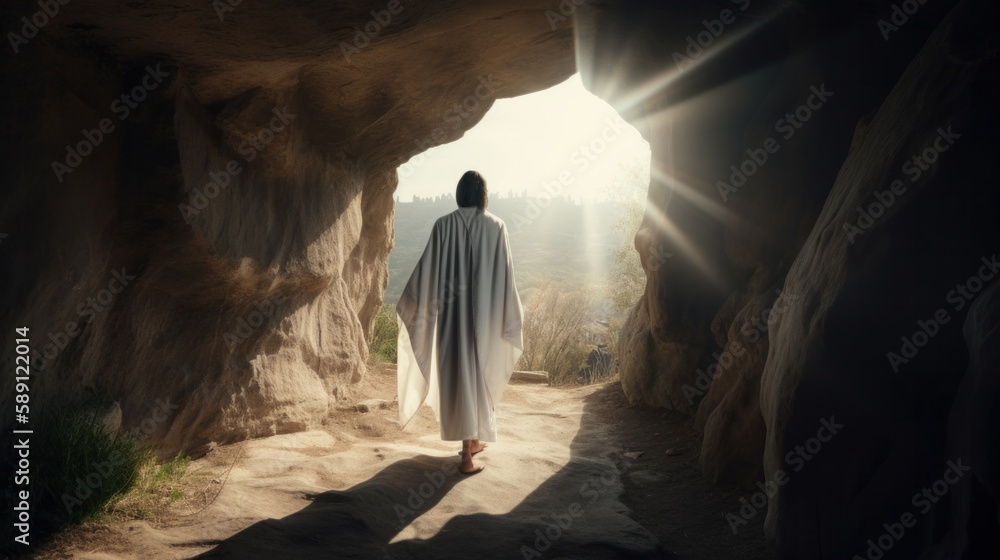 Jesus Christ in white clothes coming out from the cave. Resurrection of ...