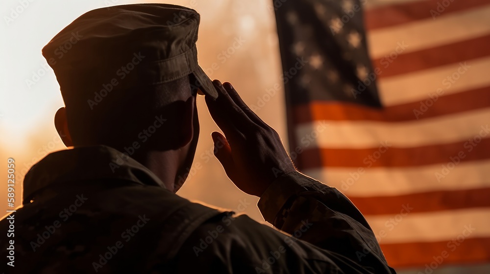 Composition Of Silhouette Of Saluting Soldier Against Sunset Sky With