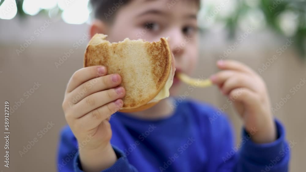 adorable kid boy eating in mall unhealthy junk food snacks.child ...