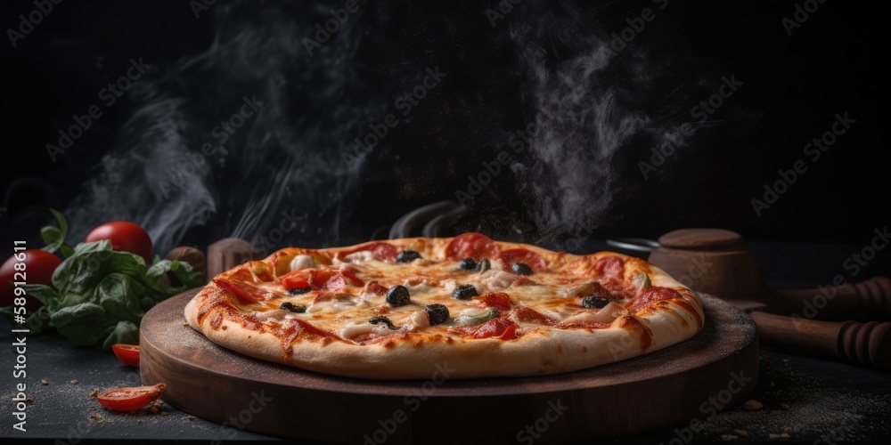 Steaming hot pizza background with fresh ingredients, perfectly cooked ...