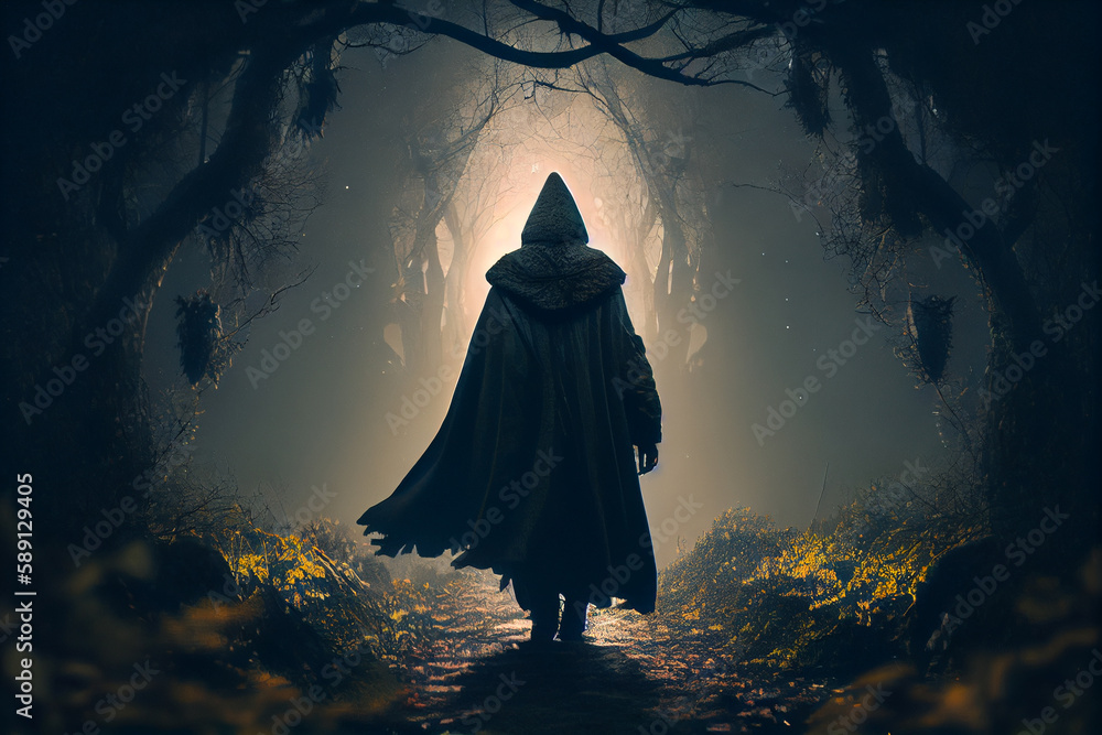 A dark magician in a cloak walks through the forest on a full moon. AI ...