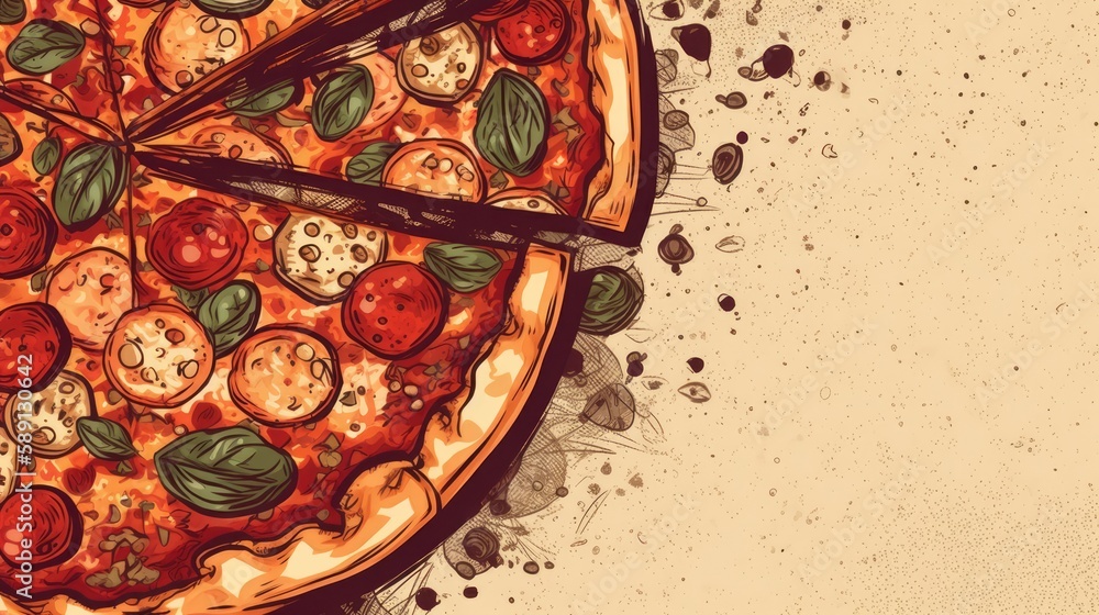 Playful cartoon pizza slice illustration, vibrant colors, charming ...