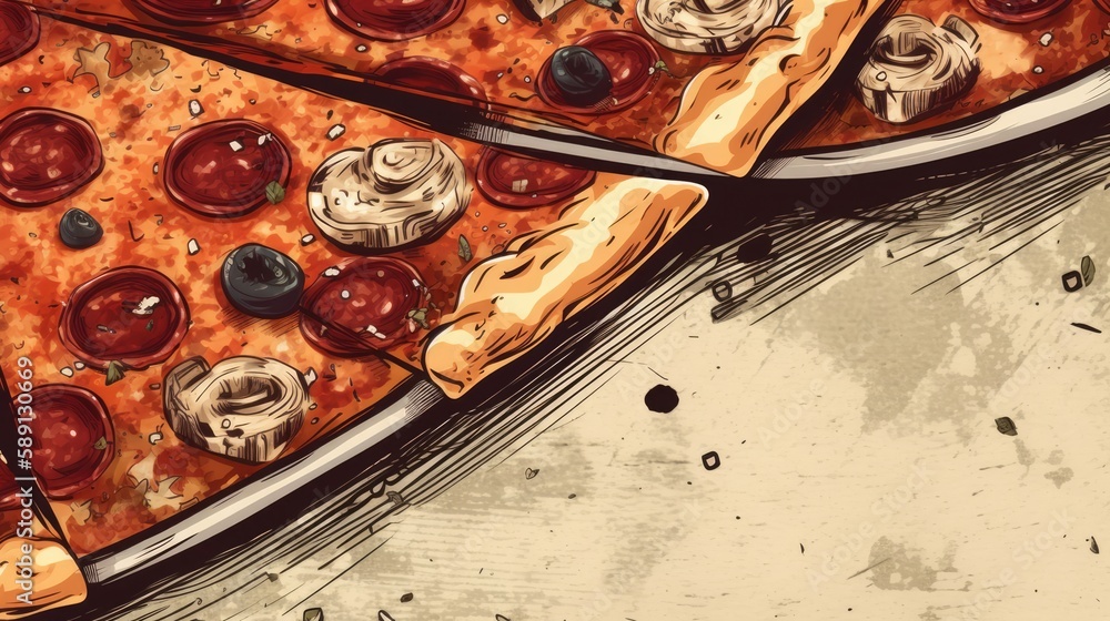 Playful cartoon pizza slice illustration, vibrant colors, charming ...