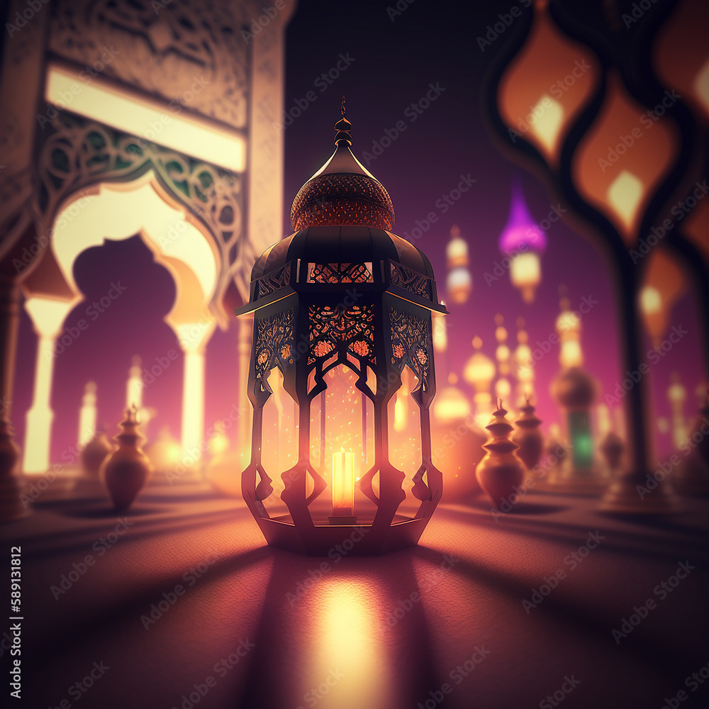 Ramadan Kareem Mubarak greeting design with islamic Lantern on carpet ...