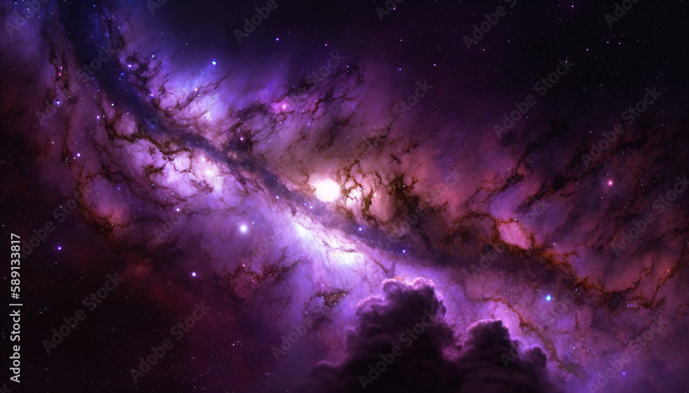 Illuminated nebula in the night sky, glowing and shining with a deep ...