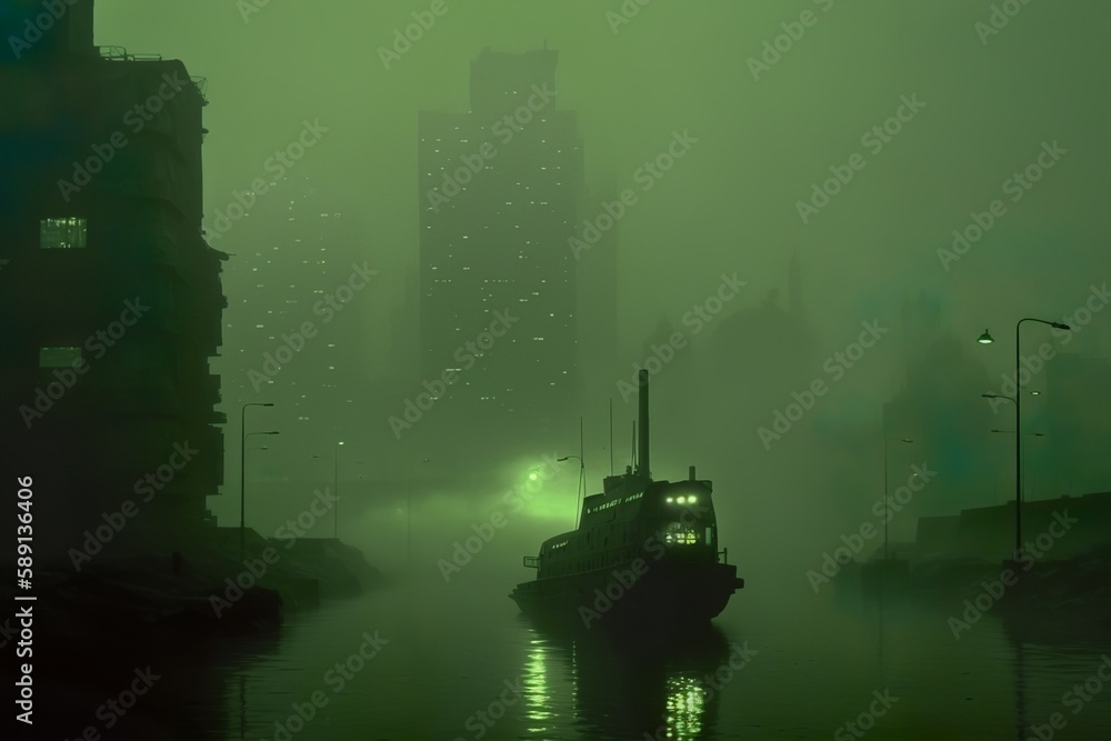 Polluted future misty cyberpunk city in dystopian swampy environment ...