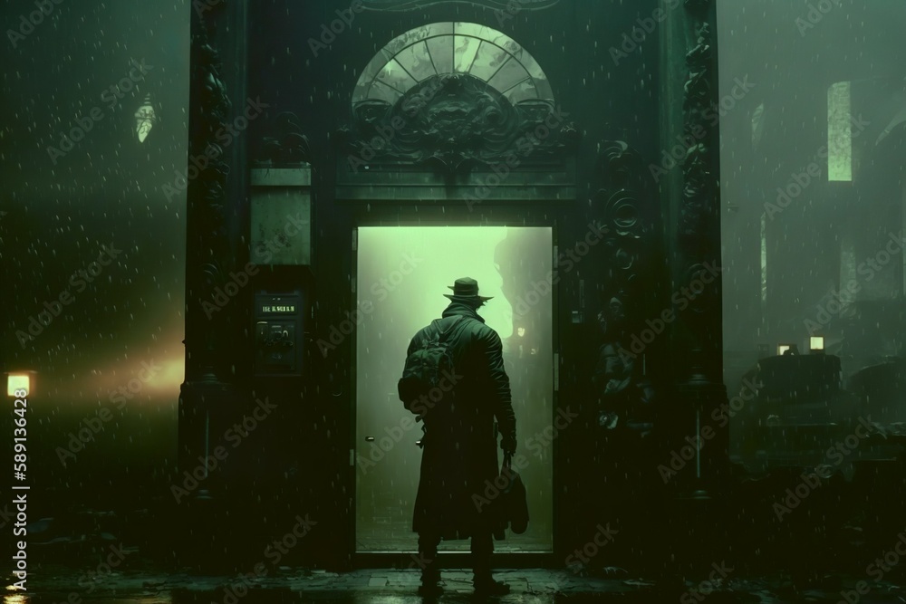 Noir detective in polluted neo-noir dystopian city investigating a ... Noir detective in polluted neo-noir dystopian city investigating a ...