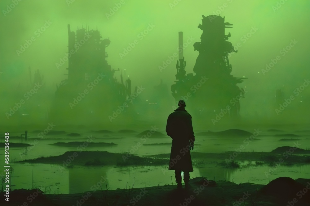 Polluted future misty cyberpunk city in dystopian swampy environment ...