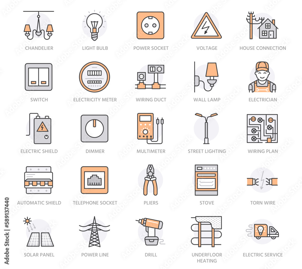 Electricity engineering vector flat line icons. Electrical equipment ...