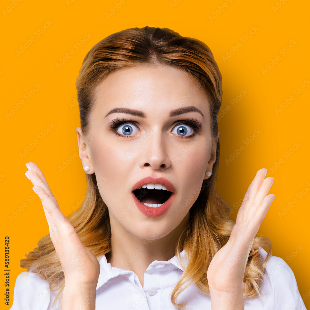 Wow. Face portrait excited surprised, shocked happy woman with wide ...