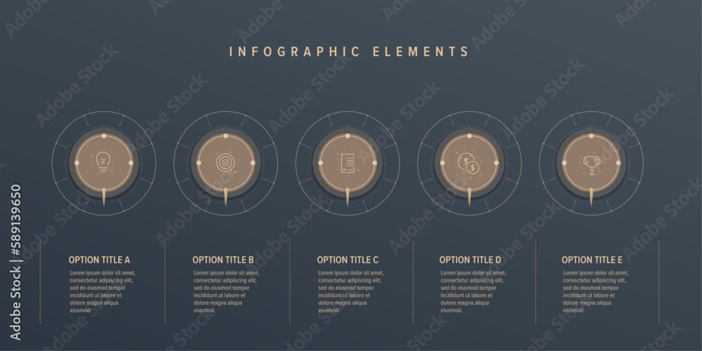 Business process chart infographics with 5 step circles. Round workflow ...