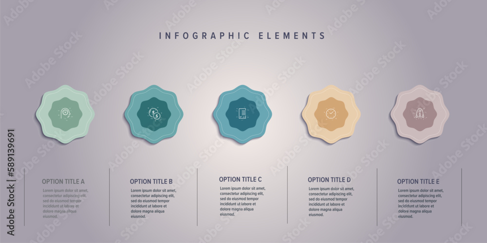 Business process chart infographics with 5 step circles. Round workflow ...