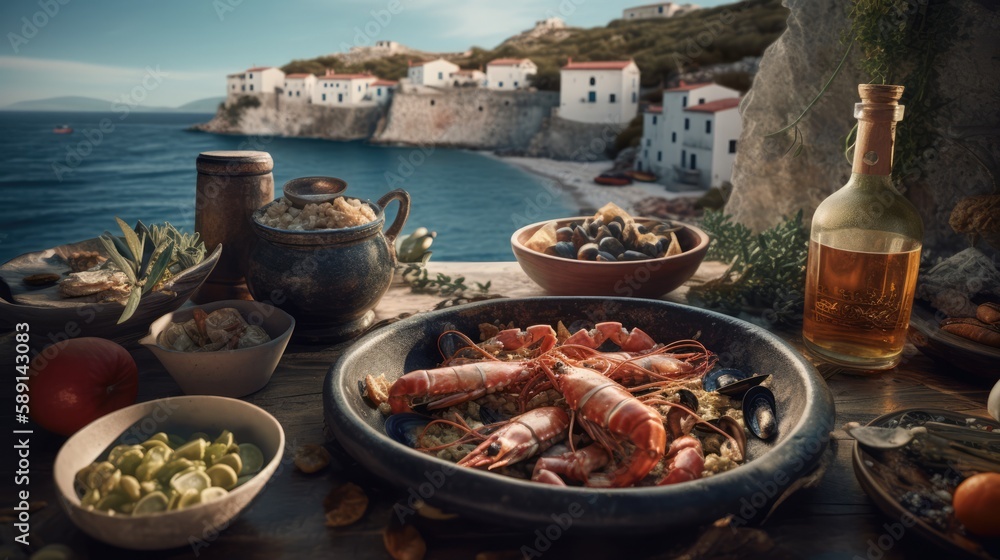 Greek seafood dishes display, traditional amphora, product photography ...