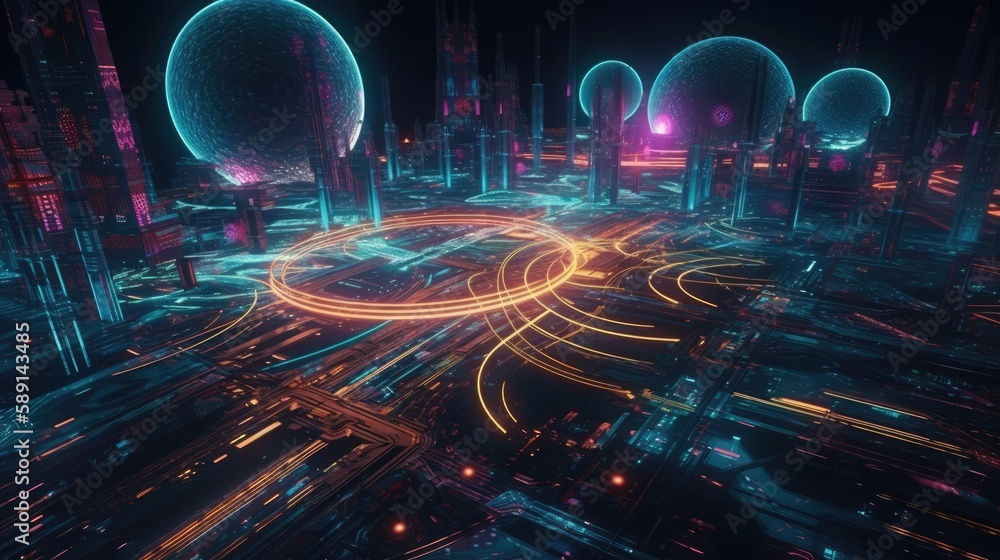 Enchanting cyber landscape with glowing moon and star, dimensional ...