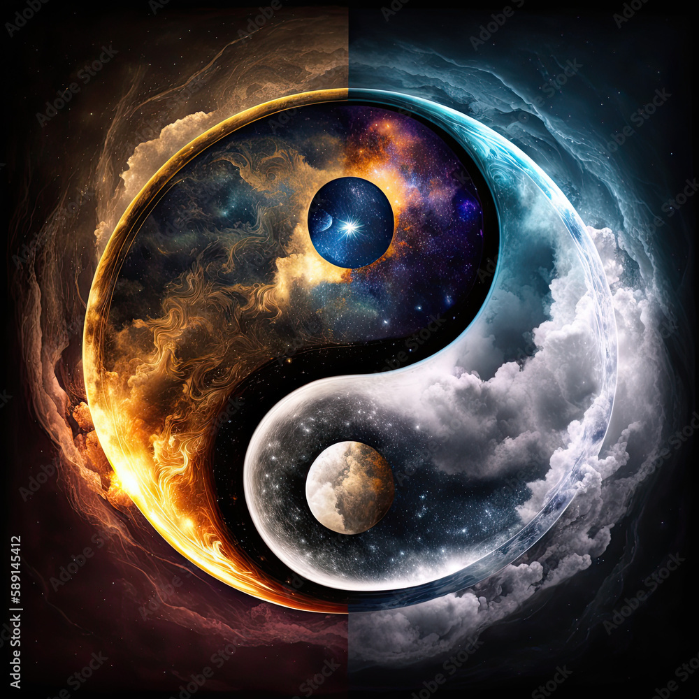 Yin yang in the universe. Balancing forces. Opposite interconnected ...