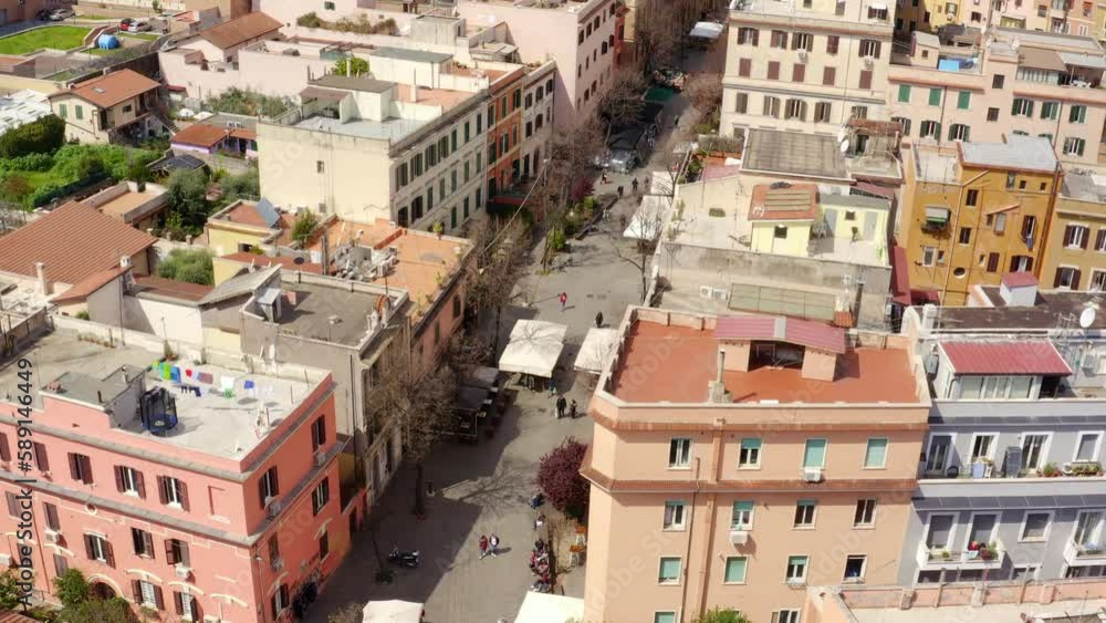 Aerial view of the main street of the Pigneto district in Rome, Italy ...