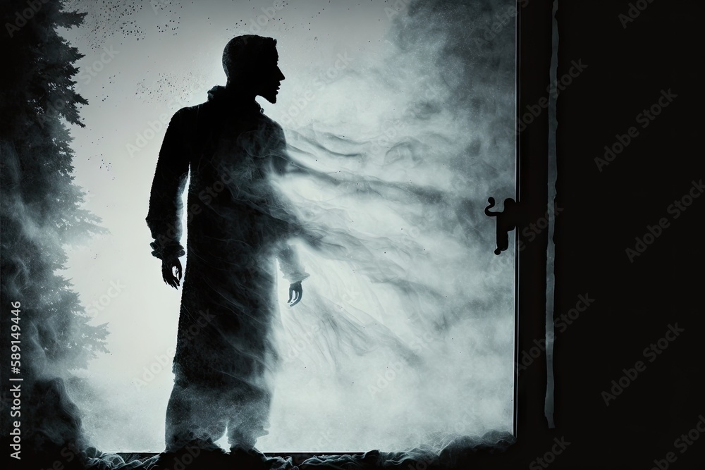 Creepy shadow blur silhouette of horror man behind matte glass, created ...