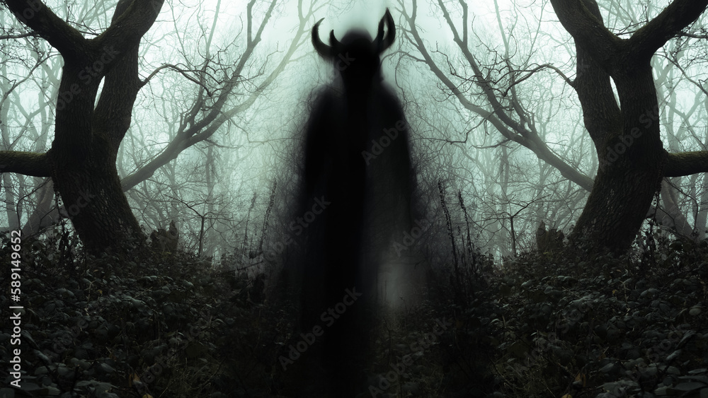 A blurred ghostly figure appearing on a path, like a pagan spirit, in a ...