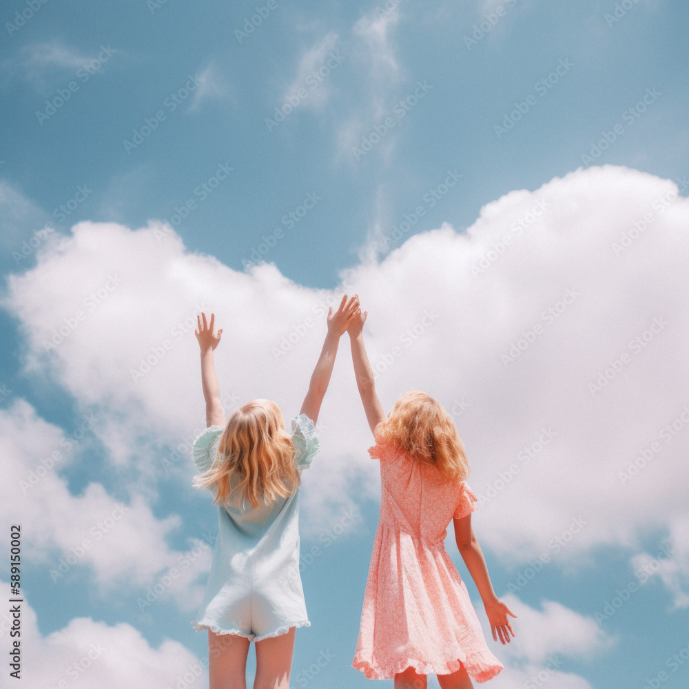 Young, beautiful girls in clouds, thick white clouds on clear blue sky ...