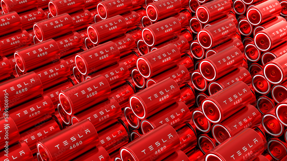 Lithium-ion red Tesla Battery 4680, High-capacity accumulator cell ...