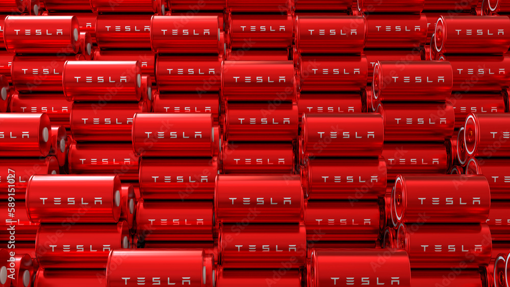 Lithium-ion red Tesla Battery 4680, High-capacity accumulator cell ...